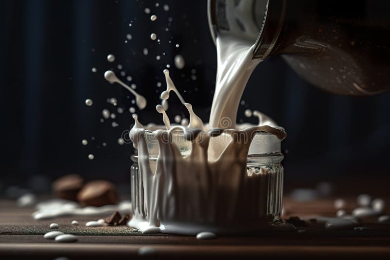 Liquid Milk Pouring Splash into a Container on Dark Background. Stock ...