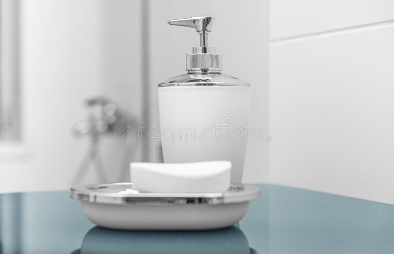 Liquid and Ordinary Soap in the Bathroom. Cleanliness of Hands and Body ...