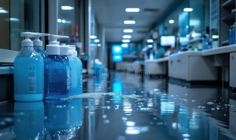 Liquid Pooling on Laboratory Floor with Blue Bottles in Corridor Stock ...