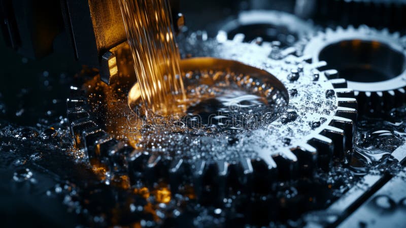 Liquid Pouring Over Metal Gears in Motion Stock Illustration ...