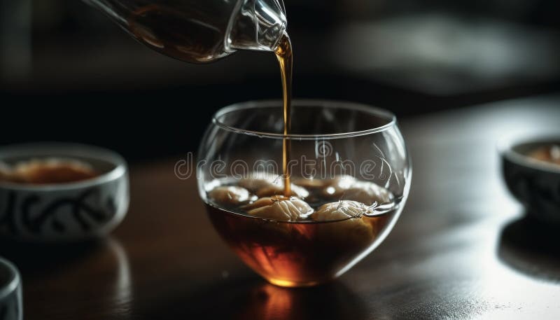 Liquid Refreshment Pouring into Whiskey Glass on Dark Wooden Table ...