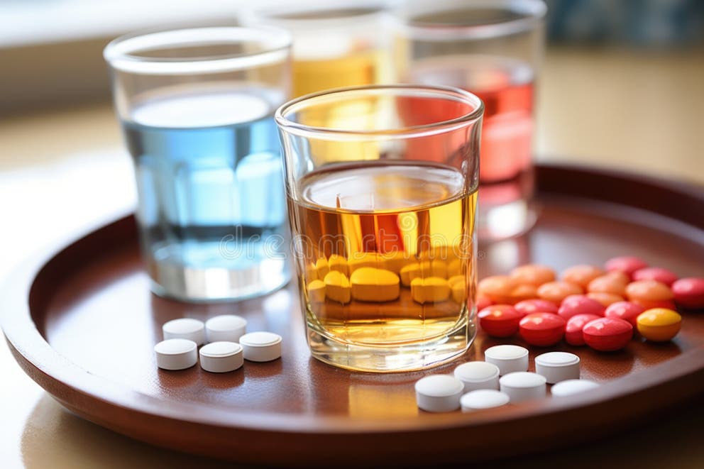Liquid and Solid Medications on a Meal Tray Stock Photo - Image of ...