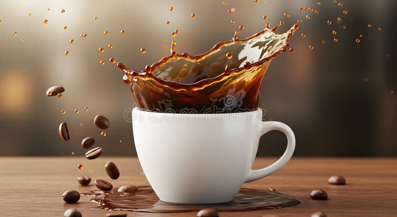 Liquid Splashing from Cup with Falling Coffee Beans Stock Photo - Image ...