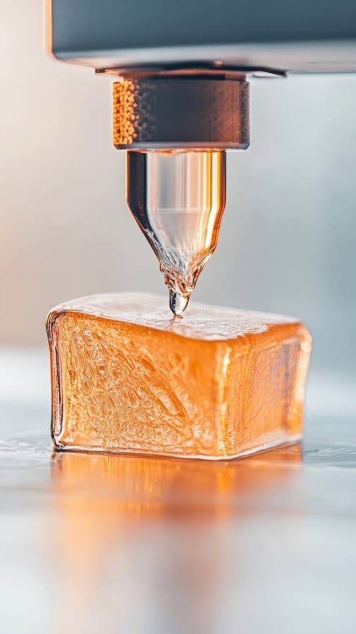 Liquid Stream Hitting Amber Colored Ice Cube in Laboratory Setting for ...