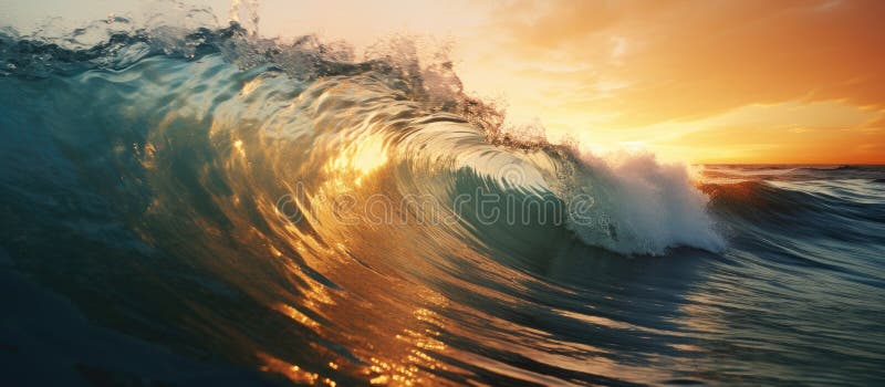 A Liquid Wave Breaks in the Ocean Under a Sunset Sky Stock Photo ...