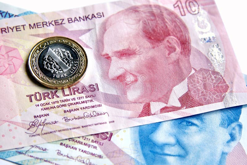 1 Lira on 10 TL Turkish Banknotes Stock Photo - Image of exchange, coin ...