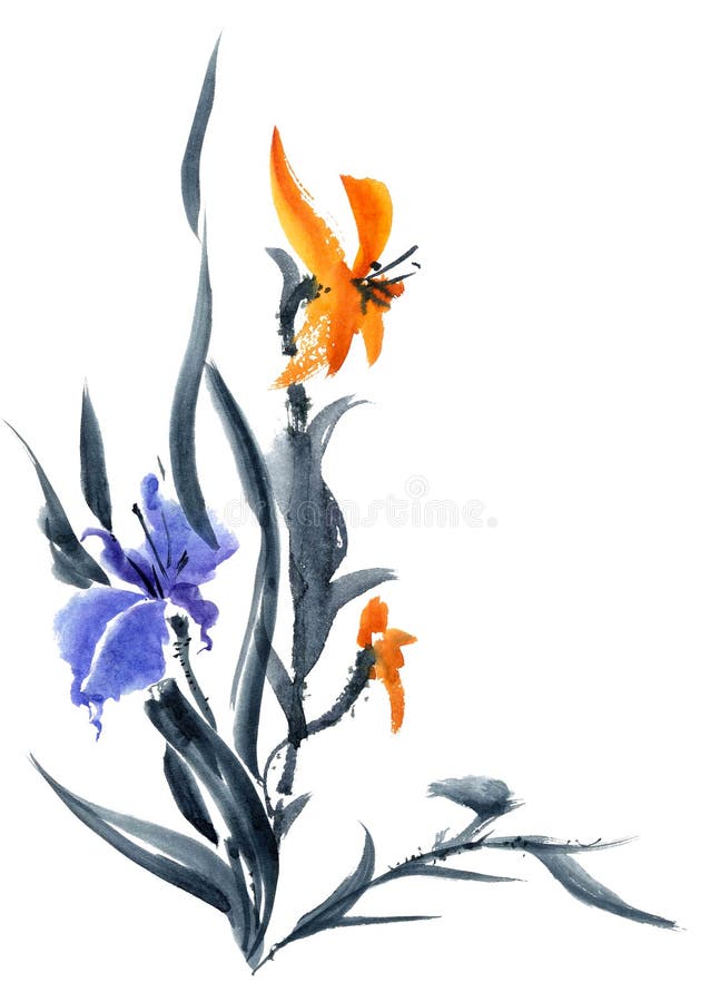 Lis et iris illustration stock. Illustration du japonais - 70990668
