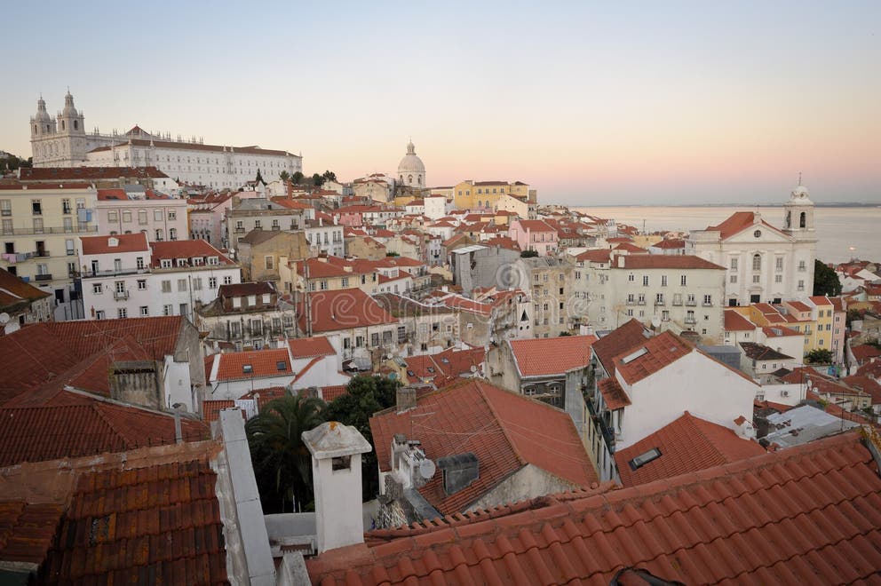 Lisbon Rooftops at Dusk with Cityscape, Alfama from View Point Stock ...