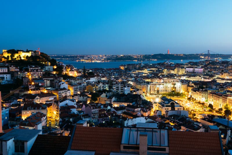 Lisbon Skyline at Night. stock photo. Image of landmark - 118562848