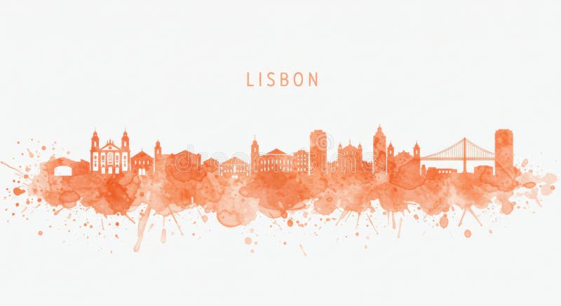 Lisbon Skyline Silhouette with Watercolor Splashes in Orange Tones ...