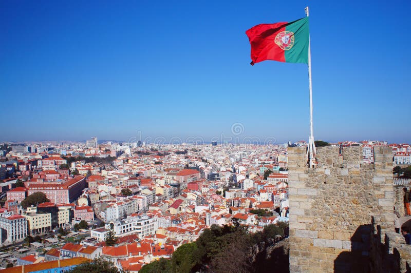 Lisbon Spring Skyline with Portugal Flag Stock Photo - Image of ...