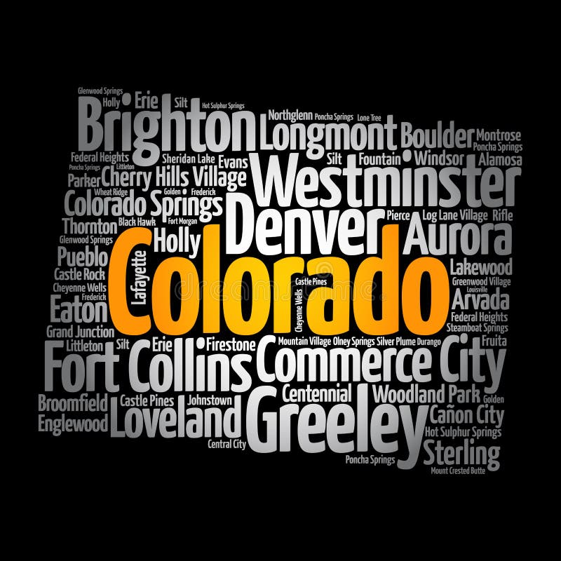 List of Cities in Colorado USA State, Map Silhouette Word Cloud Map ...