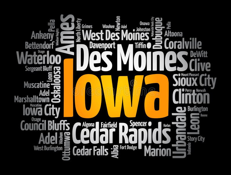 List of Cities in Iowa USA State, Word Cloud Concept Background Stock ...