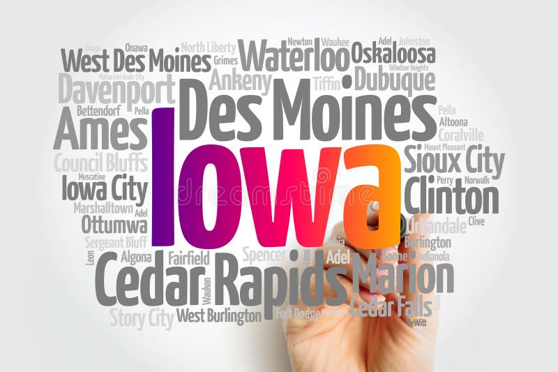 List of Cities in Iowa USA State, Word Cloud Concept Background Stock ...