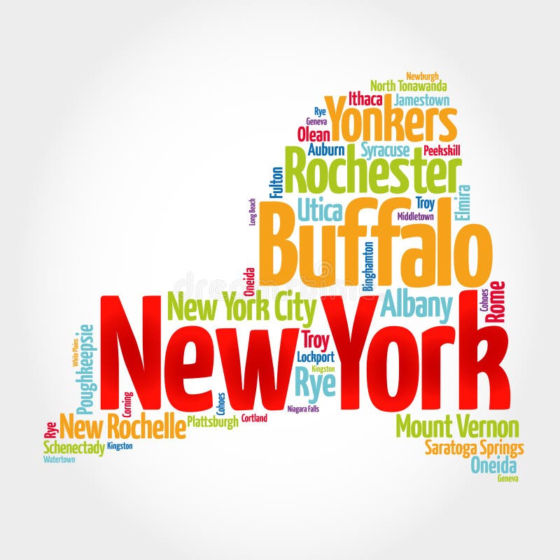 List of Cities in New York USA State, Map Silhouette Word Cloud Map ...