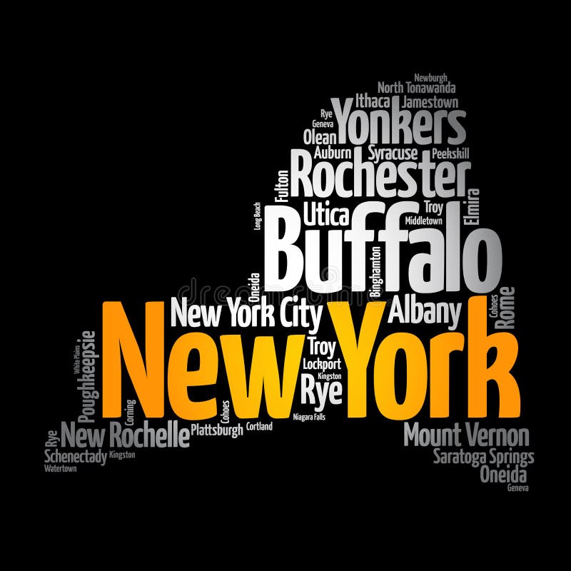 List of Cities in New York USA State, Map Silhouette Word Cloud Map ...