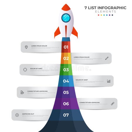 List Diagram with 7 Number Points of Step, Sequence, Colorful Rocket ...