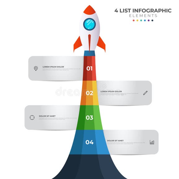 List Diagram with 4 Number Points of Step, Sequence, Colorful Rocket ...