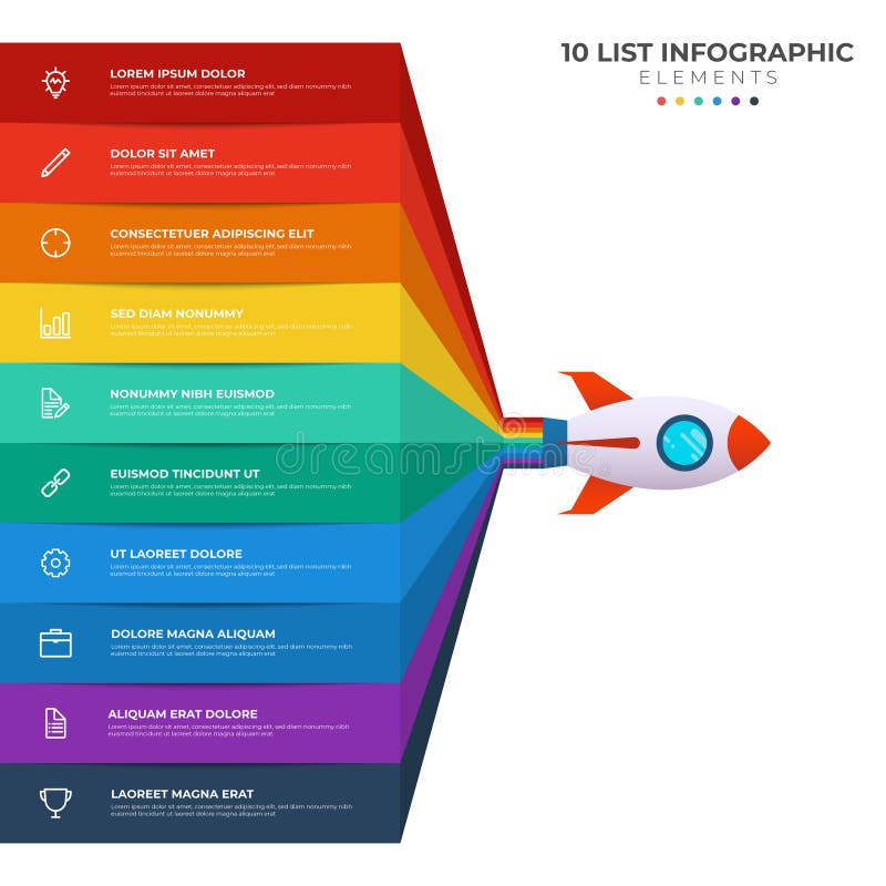 List Diagram with 10 Points of Steps, Sequence, Colorful Rocket Launch ...