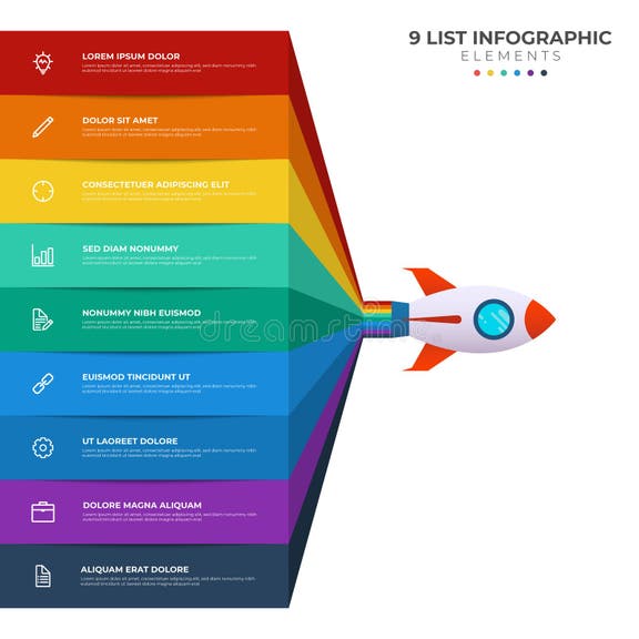 List Diagram with 9 Points of Steps, Sequence, Colorful Rocket Launch ...