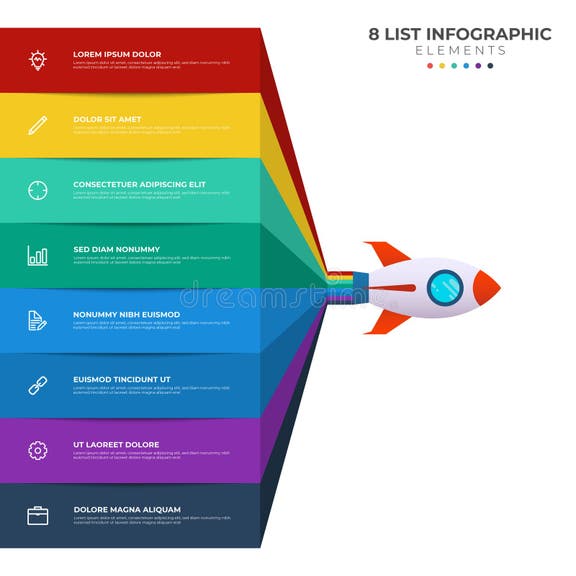 List Diagram with 8 Points of Steps, Sequence, Colorful Rocket Launch ...