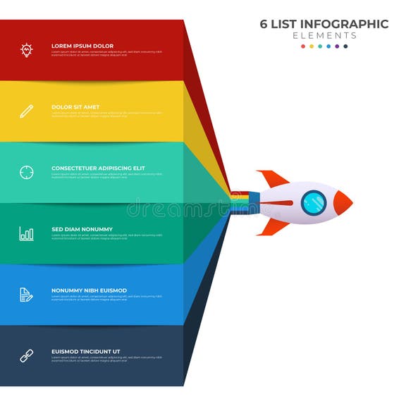 List Diagram with 6 Points of Steps, Sequence, Colorful Rocket Launch ...