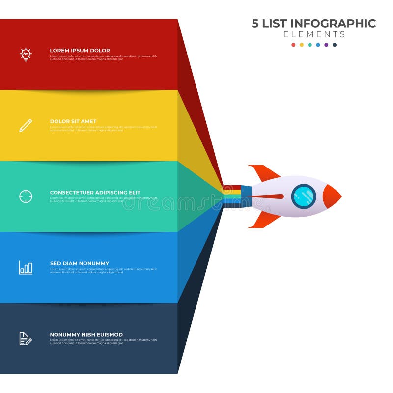 List Diagram with 5 Points of Steps, Sequence, Colorful Rocket Launch ...