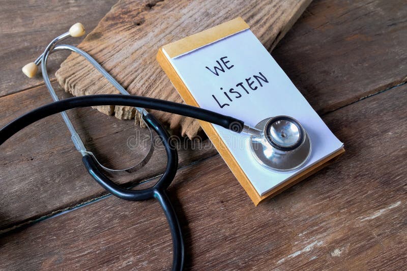 We Listen Text Written on Notebook and Stethoscope Stock Image - Image ...