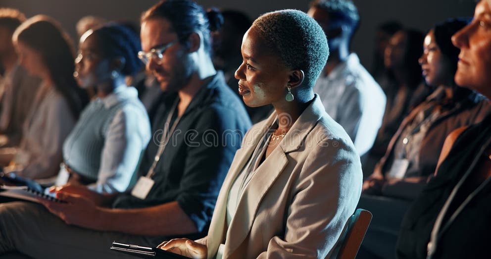 Listening, Night and Business Woman at Conference for Tech Seminar, App ...