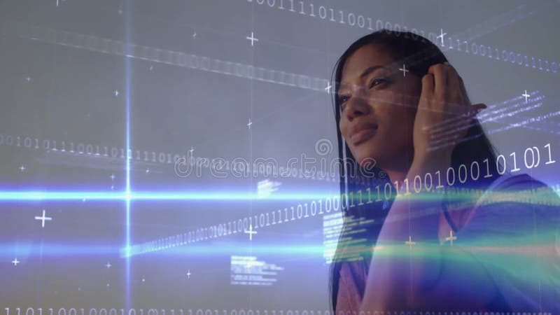 Listening To Music, Woman with Animation of Binary Code and Digital ...