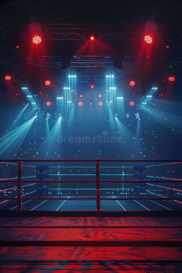 A Lit Boxing Ring with Red and Blue Lights, Ready for a Match Stock ...