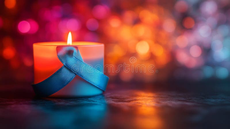 Lit Candle Adorned with a Blue Ribbon of Hope Stock Illustration ...
