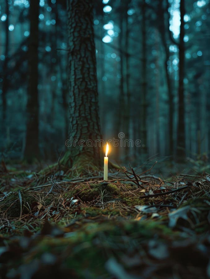 Forest with lit candle stock photo. Image of hope, candle - 382949846