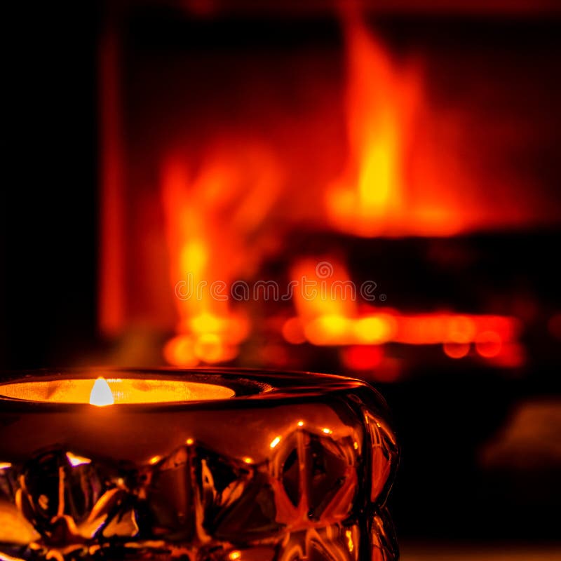 Lit Candle with Fireplace Fired Up Stock Image - Image of card, fire ...