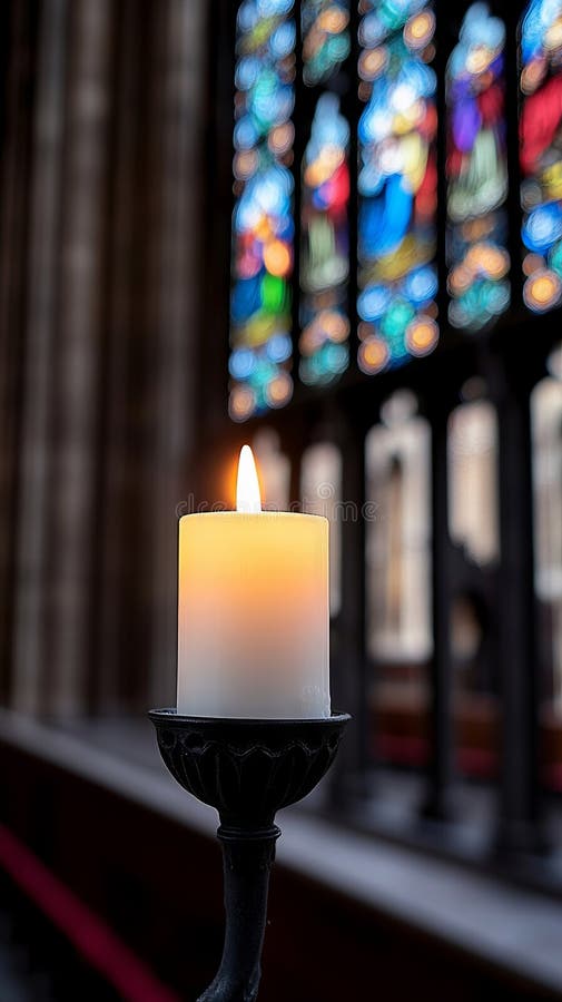 A Lit Candle in Front of a Stained Glass Window Stock Photo - Image of ...