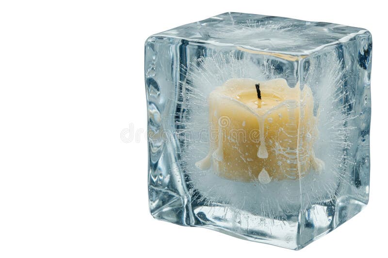 A Lit Candle Frozen Inside an Ice Cube on a White Background. Space for ...