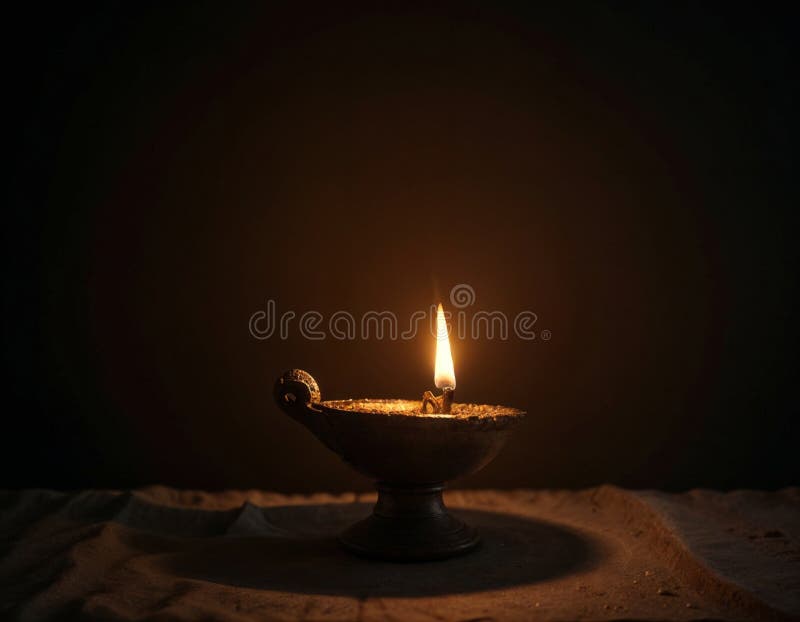 A Lit Candle in Hanukkah Ancient Oil Lamp on a Table in the Dark Stock ...