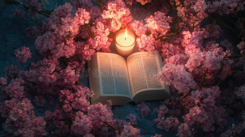 A Lit Candle Illuminates an Open Book, Creating a Serene and Peaceful ...
