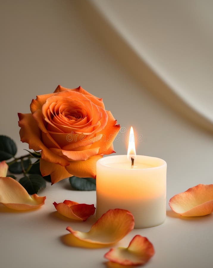 Lit Candle beside Orange Rose and Petals Stock Image - Image of colored ...