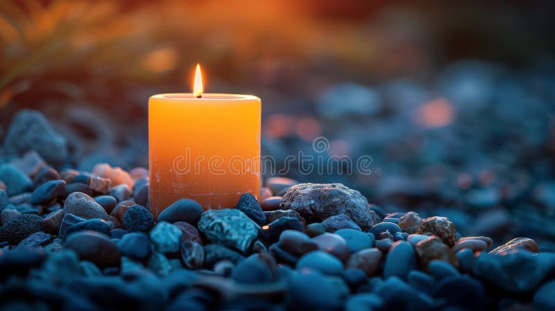 A Lit Candle on a Pebble Beach at Sunset Stock Image - Image of glow ...