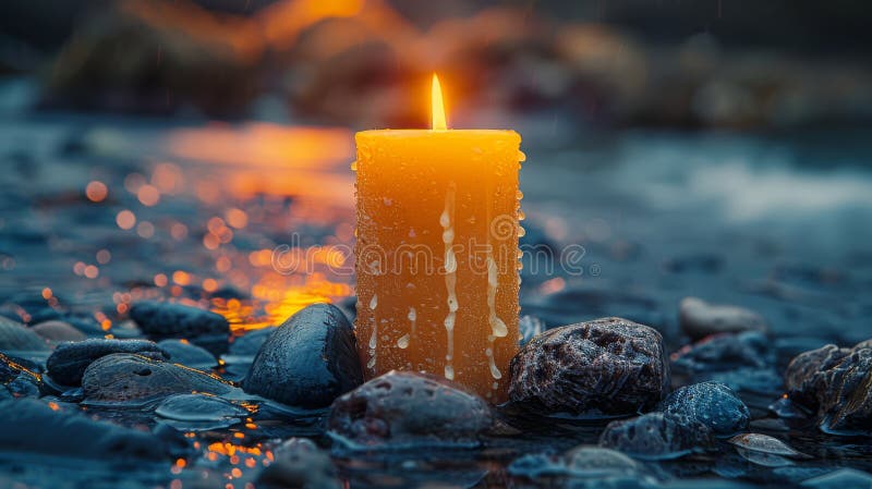 A Lit Candle on a Pebble Beach at Sunset Stock Photo - Image of ...