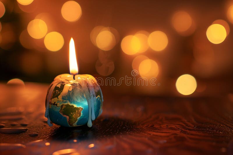 Lit Candle Representing Planet Earth Melting on a Table Stock ...