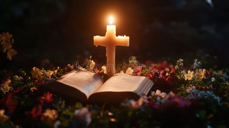 A Lit Candle Rests on a Book in the Grass, Symbolizing Peace and ...