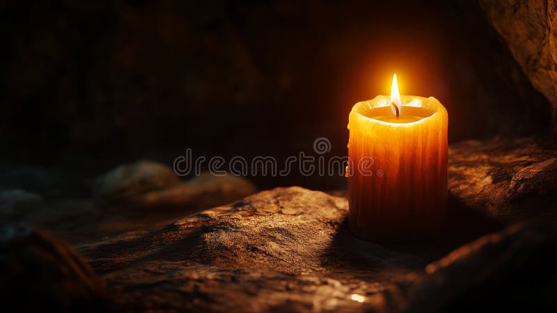 A Lit Candle Sits on a Rough, Textured Stone Surface in a Dimly Lit ...