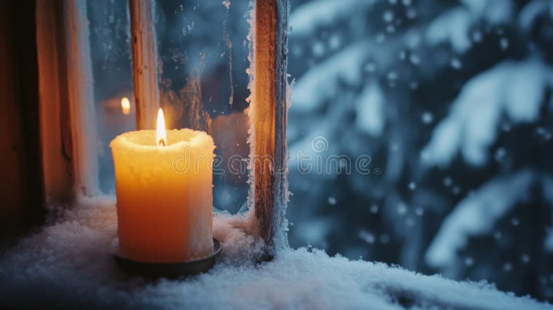 A Lit Candle Sits on a Snowy Windowsill Winter Scene Stock Illustration ...