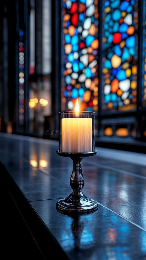 A Lit Candle Sitting on a Table in Front of a Stained Glass Window ...
