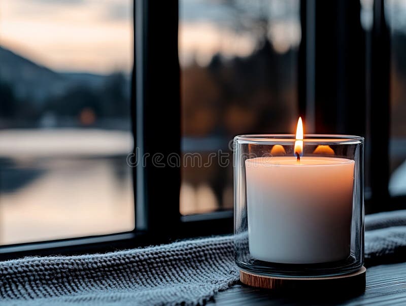 A Lit Candle Sitting on a Window Sill Next To a Window Stock Image ...