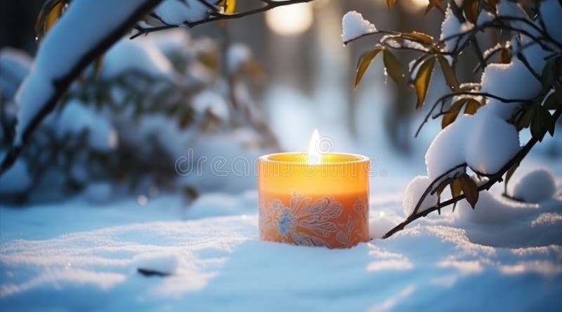 A Lit Candle in the Snow Near an Oak Tree, Stock Image - Image of ...