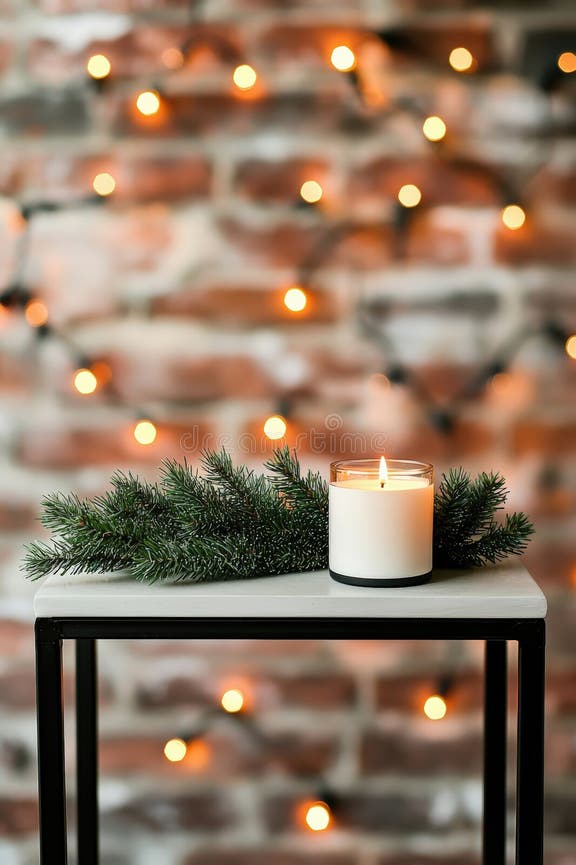 A Lit Candle with a Sprig of Greenery on a White Table in Front of a ...