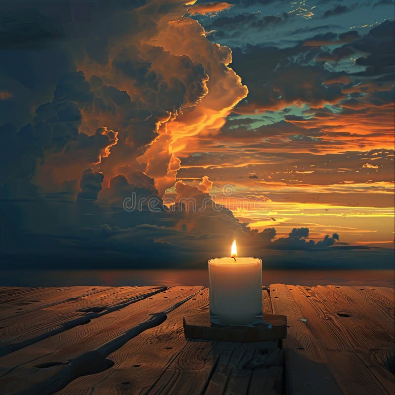 Lit Candle on Wooden Surface at Sunset Stock Illustration ...